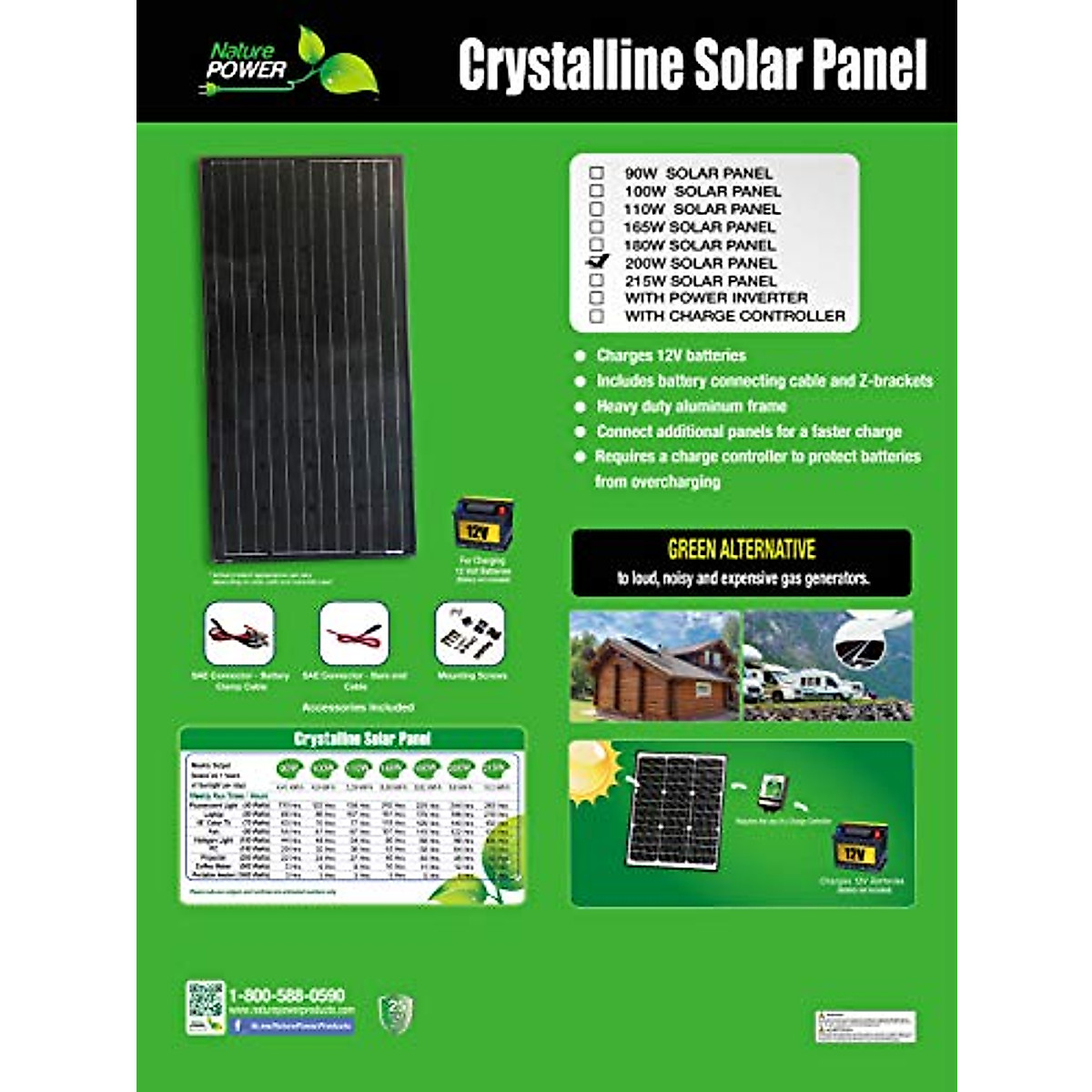 Nature Power 50202 200 Watt Crystalline Connecting Cables Solar Panel, Black