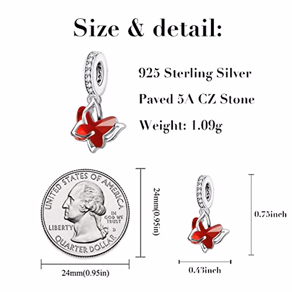 Butterfly Charm for Bracelet 925 Sterling Silver Red Butterfly Dangle Charm for Charm Bracelet and Necklace Birthday Mothers Valentines Day Flower Jewelry Gifts for Women