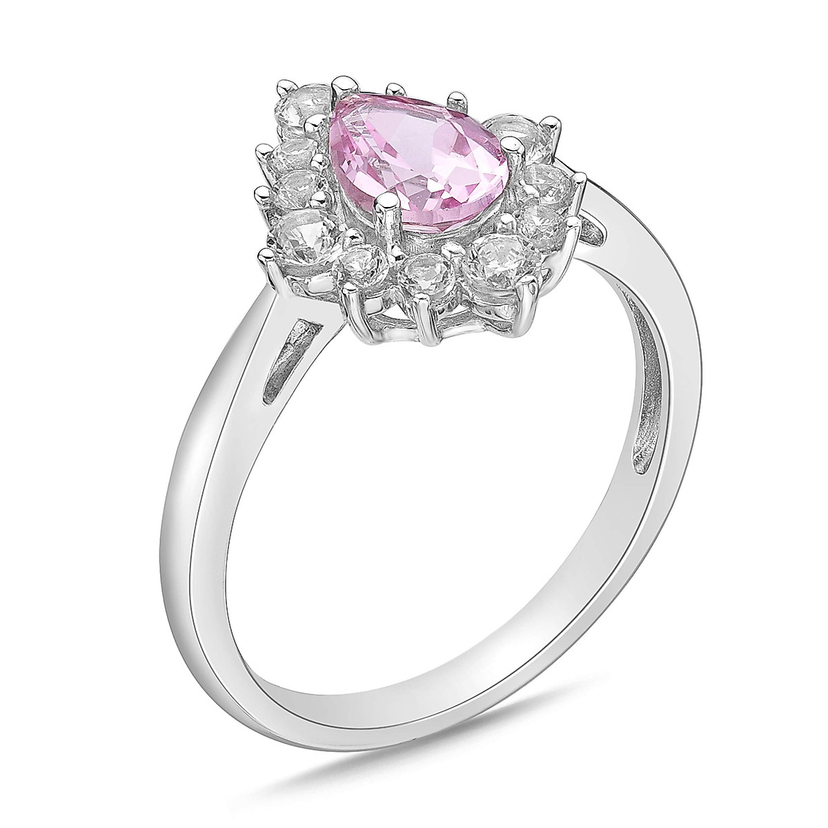 .925 Sterling Silver, Pear Cut Lab-Grown Pink Sapphire & Round Lab-Grown White Sapphire Halo Teardrop Engagement Ring - Size 8