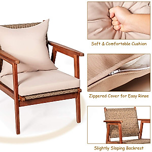 Tangkula 4 PCS Patio Wood Sofa Set, Outdoor Acacia Wood Seating Chat Set with Cushions & Coffee Table, Sectional Conversation Sofa Set for Garden, Backyard, Poolside (1, Brown)