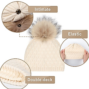 FXBSQF Women Double Cashmere Beanie,Pom Pom Beanie,Real Raccoon Bobble Beanie,Winter Warm Knitted Leisure Ski Cap,Detachable (White)