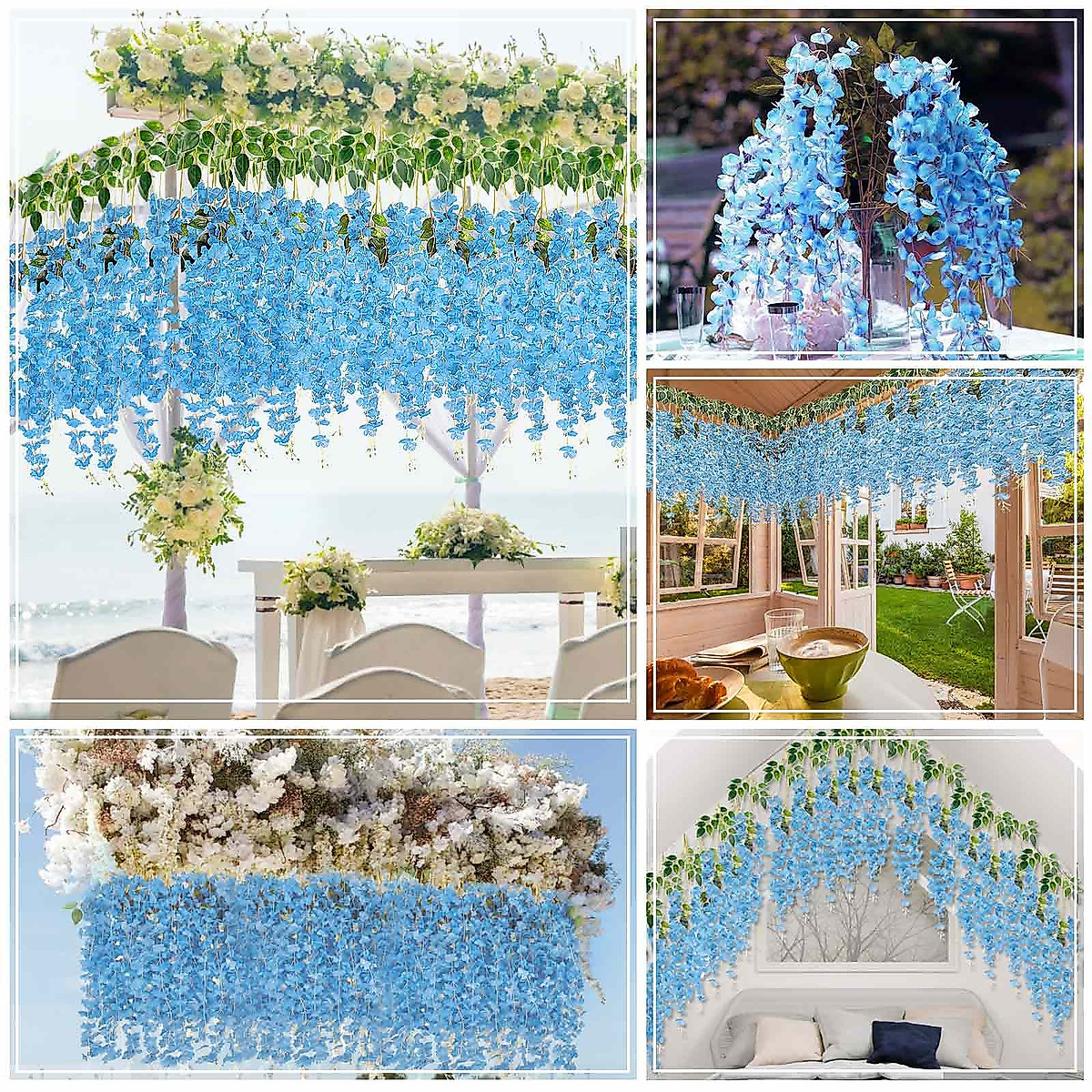 Ranslen 48 Pieces Artificial Wisteria Flower Hanging Silk Garland Vine Ratta Wedding Decor String Home Party Garden Outdoor Decoration Supplies (Blue, 48)