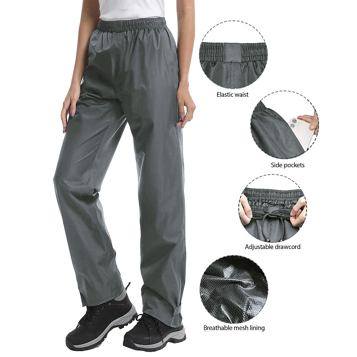 iCreek Women's Rain Pants Waterproof Hiking Pants Windproof Lightweight Over Pants Work Rain Outdoor for Golf, Fishing (Grey, Medium/31 Inseam)