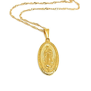 LESLIE BOULES 18K Gold Plated Guadalupe Medal Necklace 18 Inches Length Virgin Mary Jewelry