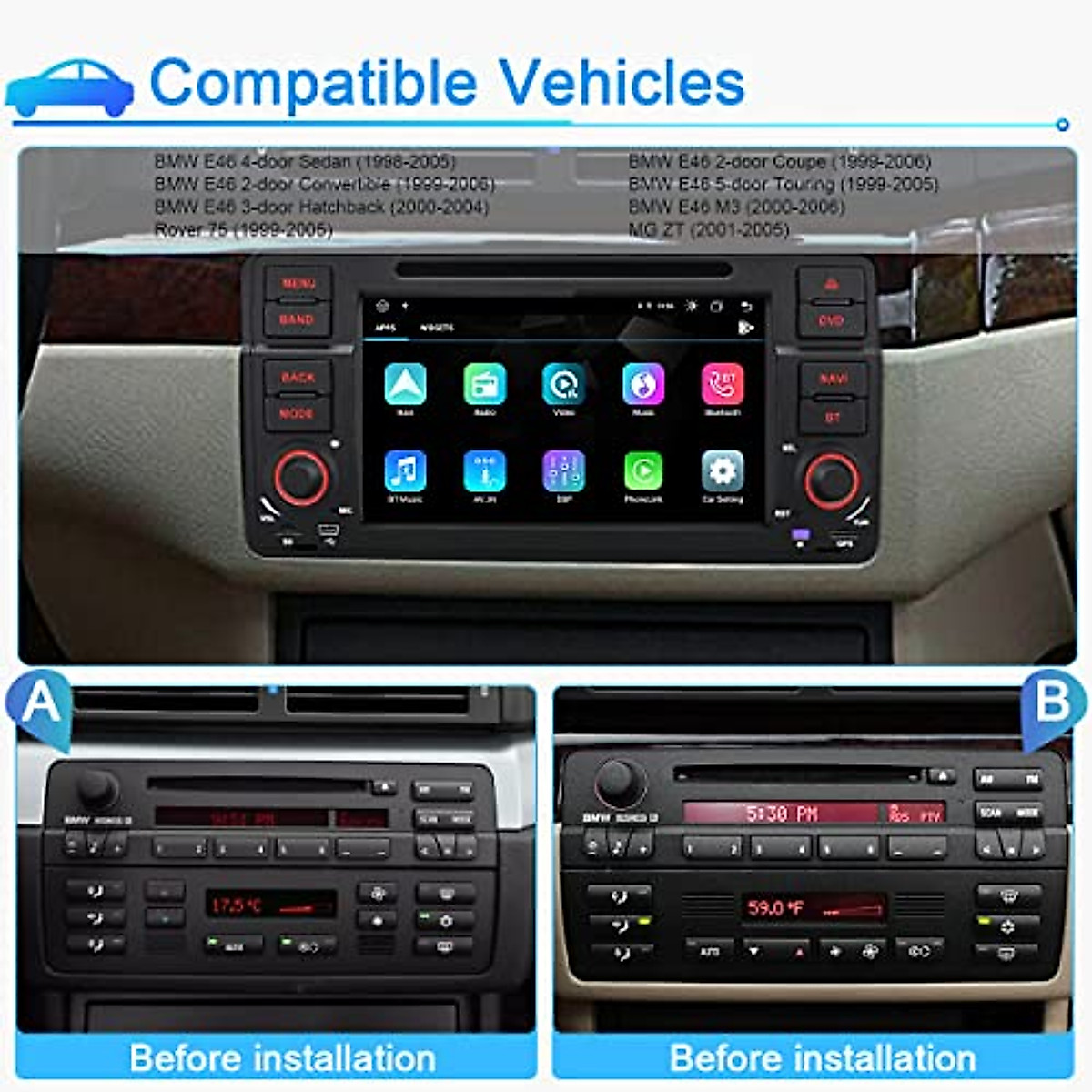 SWTNVIN Car Stereo Radio Compatible with BMW 3 Series 1999 2000 2001 2002 2003 2004(E46) Rover75 MG ZT Android 11 Octa-Core 2G RAM 32G ROM 7 Inch HD Support BT5.0 Wifi GPS TPMS Steering Wheel DVD Play