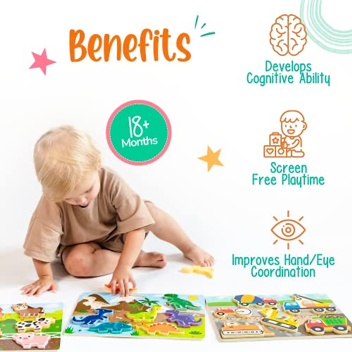 Klevly Large 3 Pk Wooden Toddler Puzzles Ages 2-4 | Wooden Puzzles for Toddlers 1-3 | Montessori Toys for 2 Year Old | Toddler Toys Age 2-4 | Learning Toys for 2+ Year Olds | Educational Toys | STEM