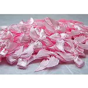 ICRAFY 100 Tiny Light Pink Satin Ribbon Bows Sweet Mini Embellishment Craft Artificial Applique Wedding Ribbon Width 7 mm.