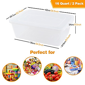 Utiao 16 Quart Clear Latching Bin with Lid, 2 Pack Multiuse Plastic Container Box