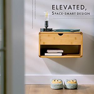 Comfify Modern Floating Nightstand with Drawer – Small, Compact, Minimalist Bamboo Wall-Mount Bedside Shelf, – Midcentury Design, Easy Installation, Clear Instructions - Warm Bamboo Finish