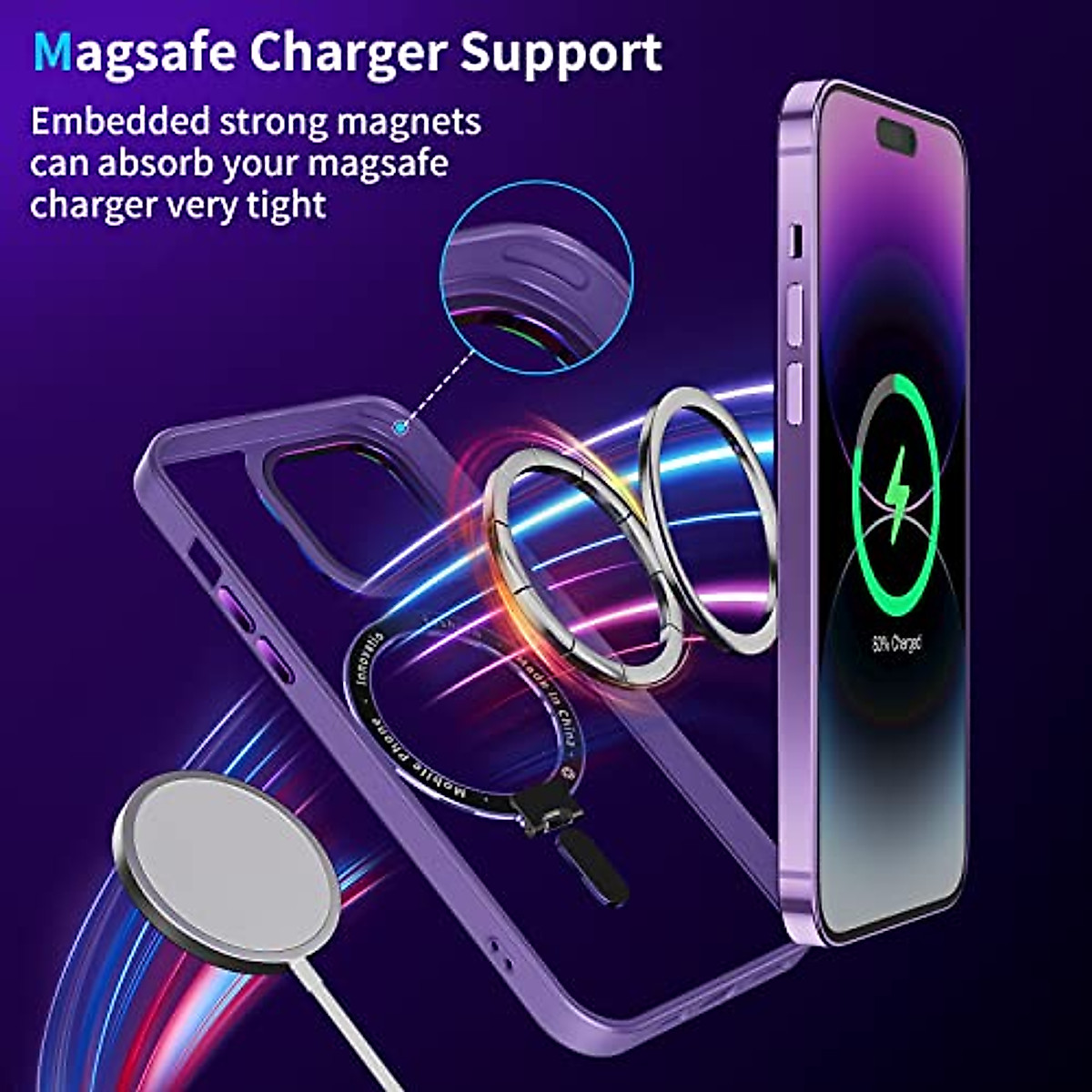 niufoey Magnetic Kickstand Case for iPhone 14 Pro Max,[Compatible with MagSafe] [Silicone Bumber & Hard Back] [Glitzy Camera Frames] Cute Slim Kickstand Cover 6.7 inch for Women Men-Purple