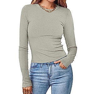 MEROKEETY Women Long Sleeve Slim Fit Crop Shirt Ribbed Knit Tops Casual Round Neck Y2K Tees Grey Small