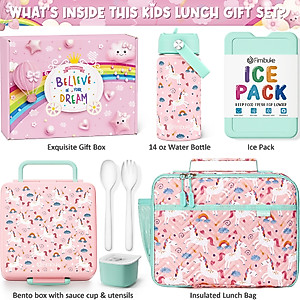 Fimibuke Kids Bento Lunch Box with 4 Compartments, Insulated lunch Bag, Stainless Steel Insulated Water Bottle, Ice Pack & Utensils, Unicorn Birthday Gifts for Ages 3-12 School Toddler Girls Boys