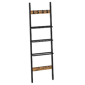 YATINEY Blanket Ladder, 5-Tier Towel Rack with 4 Removable Hooks, Wall-Leaning Blanket Holder, Decorative Display Ladder Shelf, Industrial, for Living Room, Rustic Brown and Black CJ01BR