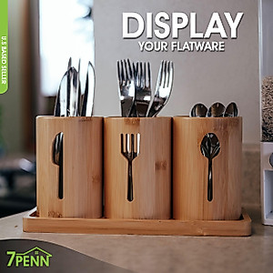 7Penn Standing Utensil Organizer Caddy - 3 Cup Bamboo Countertop Utensil Holder for Party Camping and Kitchen