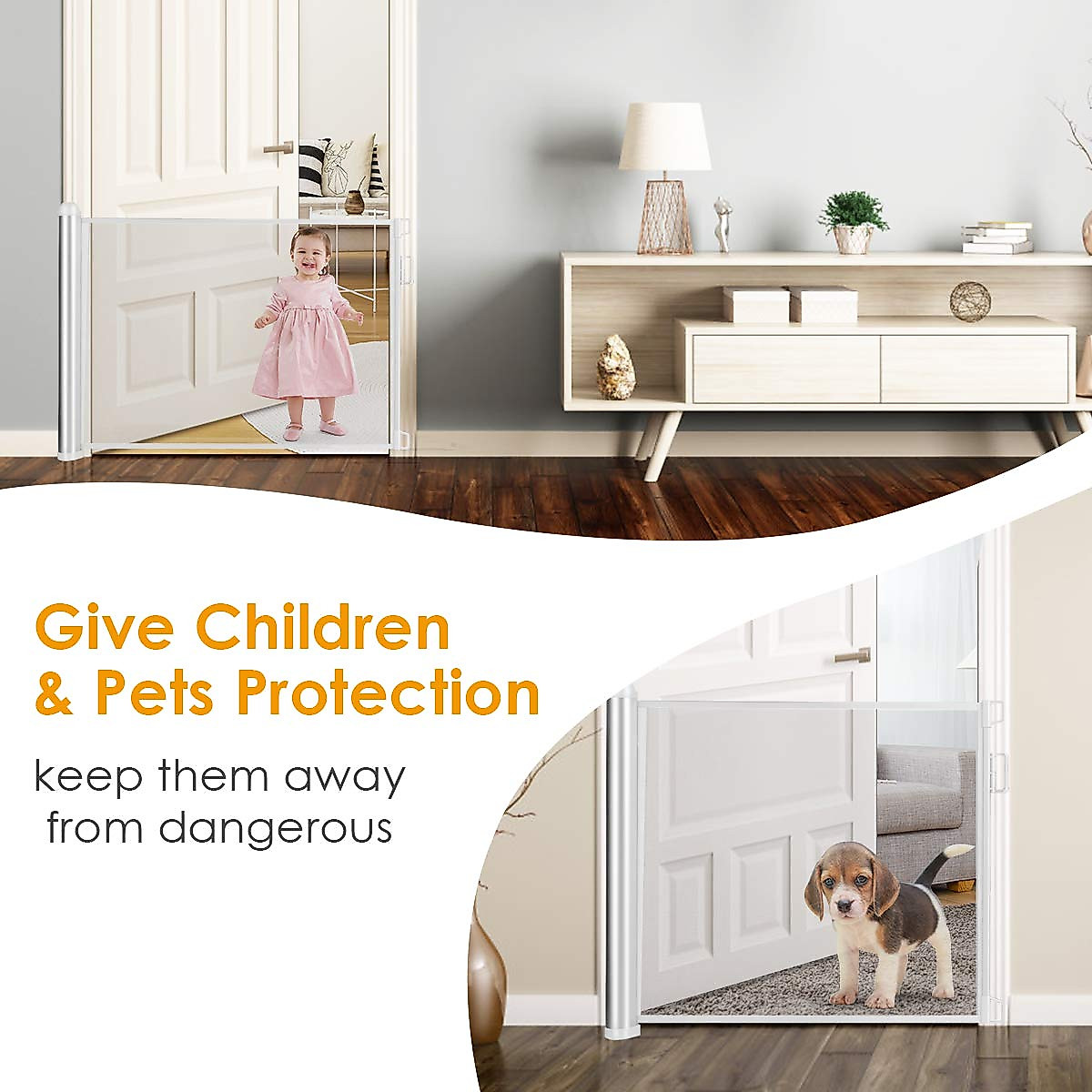 Costzon Baby Mesh Retractable Gates, Extra Wide Flexible Extension Safety Gate/Pet Dog Gate for Stairs/Doors/Hallways, Waterproof Rustproof Aluminum Pets Gate (White)