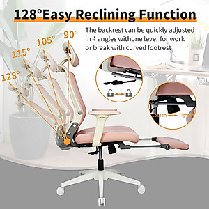 Foldable Ergonomic Office Chair with Footrest, High Back Computer Chair with 2D Headrest, Mesh Back, Sponge Seat, Adjustable Lumbar Support, 2D Armrest, Home Office Desk Chair, Pink