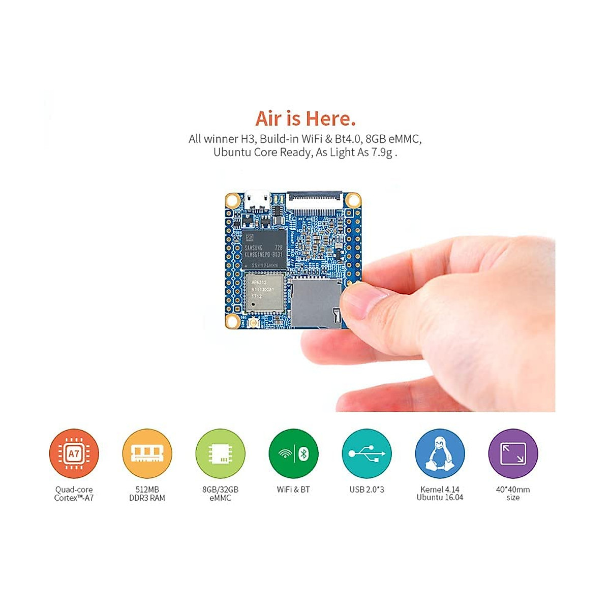 NanoPi NEO Air Open Source Quad-core Cortex-A7 1.2GHz Allwinner H3 Single Board Computer DDR3 WiFi & Bluetooth 4.0 Run Ubuntu Core and U-Boot(512MB RAM+8GB eMMC)