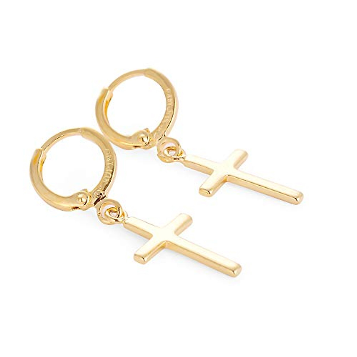 Mens Cross Earrings 24k Yellow Gold Plated Hoop with Snap Closure