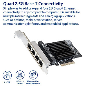 IO CREST Quad 2.5 Gigabit Ethernet PCI Express PCI-E Network Interface Card 10/100/1000/25000 Mbps RJ45 LAN Realtek RTL8125 Chipset, Black (SI-PEX24077)