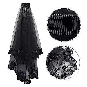 jiebor Black Lace Veil Bridal Wedding Veils Halloween Veil With Comb and Gloves