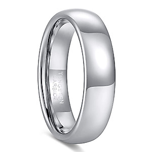 KAMASATO 6mm Tungsten Rings for Men Women High Polish Domed Silver Wedding Band Comfort Fit Size 7