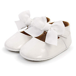 Babelvit Baby Girls Premium Bowknot Mary Jane Flats Wedding Princess Dress Baptism Shoes Rubber Sole PU Leather Infant Toddler First Walking Moccasins Crib Shoes