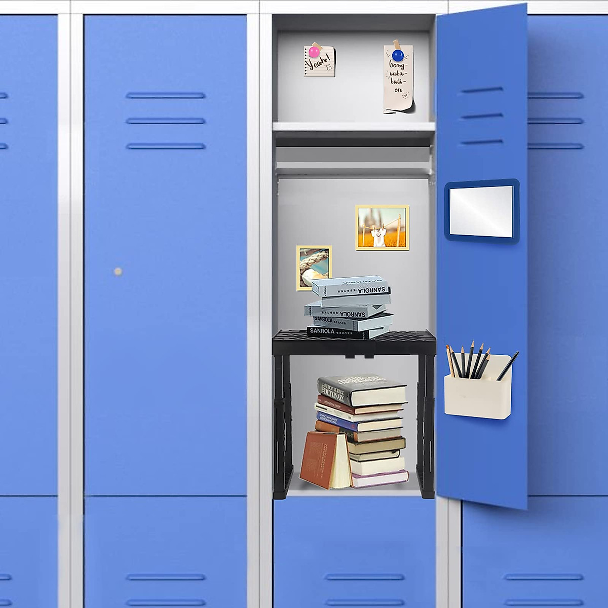 Locker Shelf for School Locker Adjustable Height and Width, Locker Organizer Shelf Stackable Locker Tools for Gym Lockers, Office, Back to School Essentials, Black