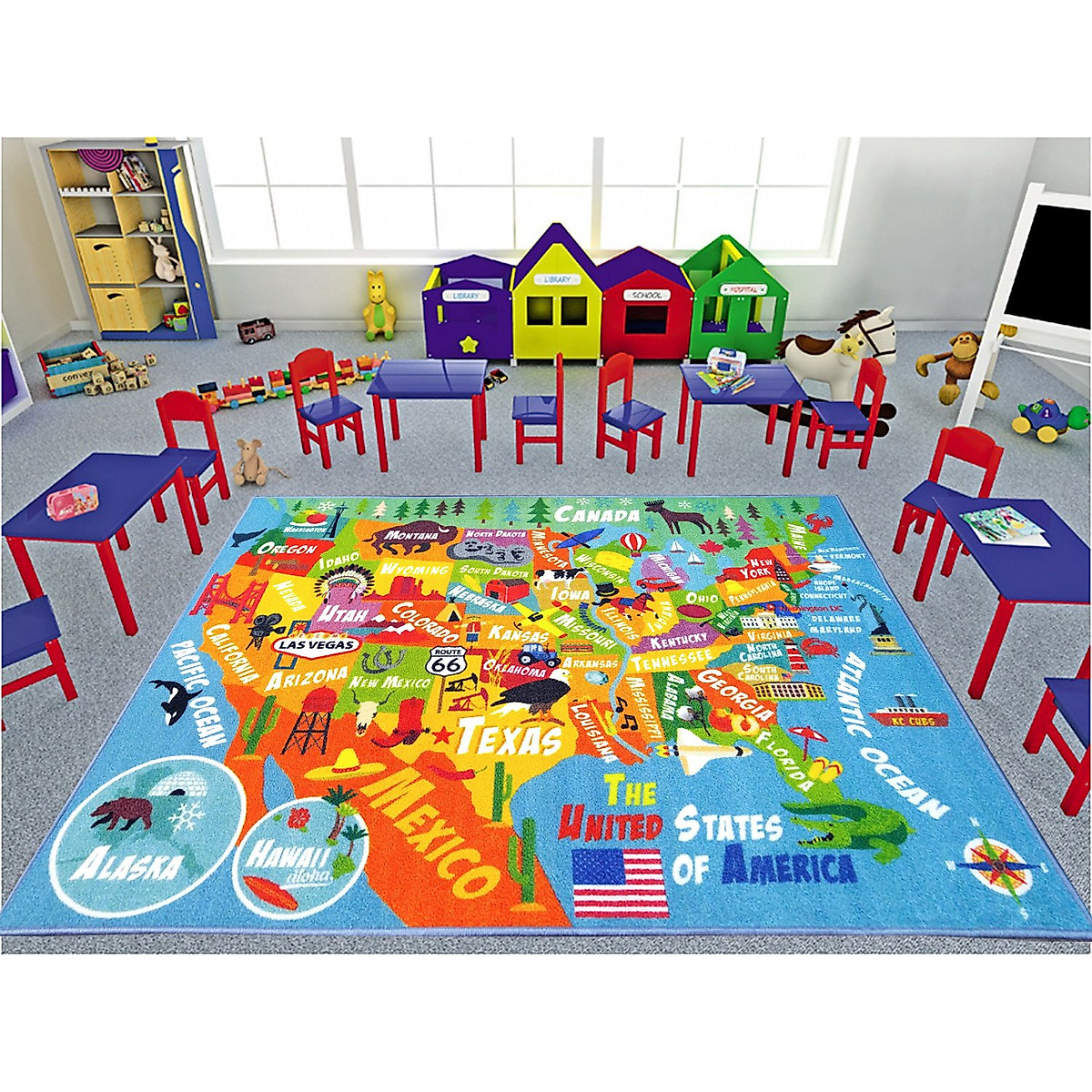 KC Cubs Playtime Collection USA United States Map Educational Learning & Game Area Rug Carpet for Kids and Children Bedrooms and Playroom (5'0" x 6'6")