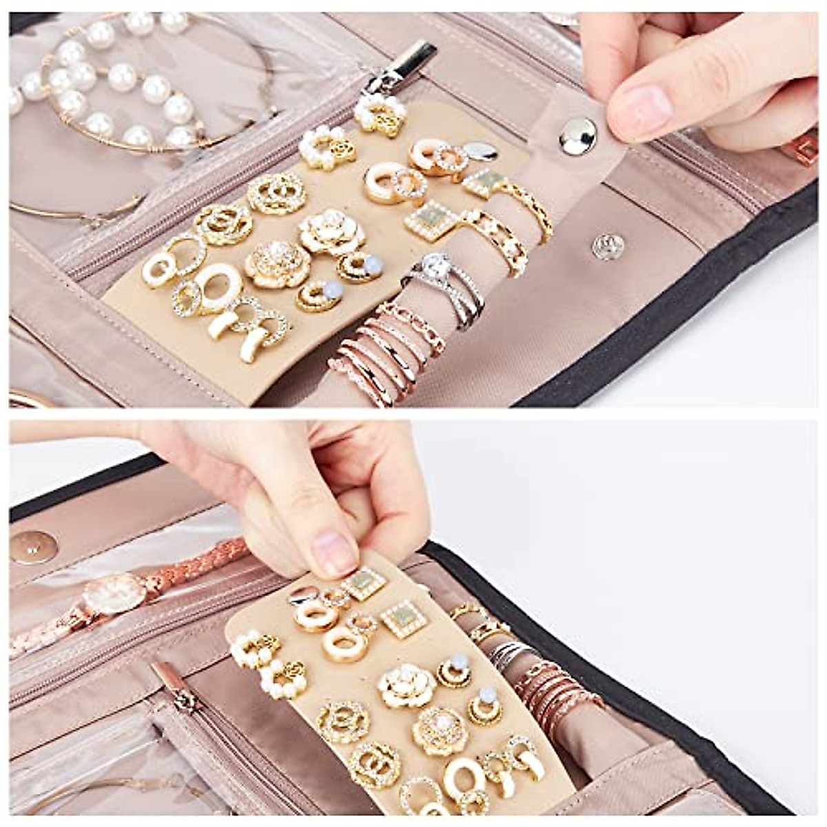 BELALIFE Travel Jewelry Case Organizer, Foldable Jewelry Storage Roll for Earrings, Necklaces, Rings, Bracelets, Brooches, Black