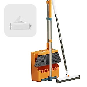 Premium Broom and Dustpan Combo Set - Long Handle, 180° Rotating, Standing Storage - Built-in Comb Teeth and Claps for Dust Wipe Paper - Space-Saving Design (Orange)
