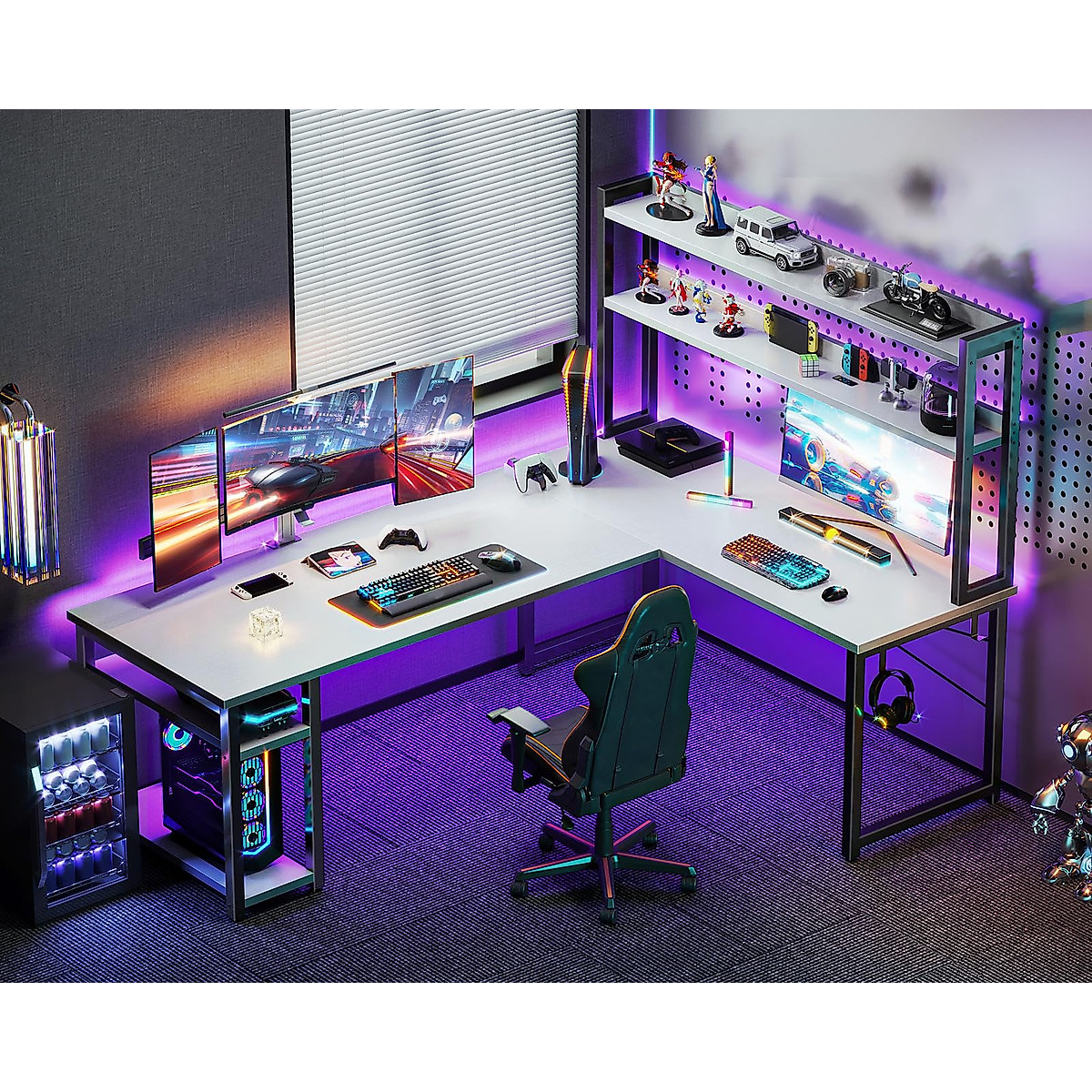 ODK L Shaped Gaming Desk with Hutch, Computer Desk with Storage Shelves, 66" L Shaped Desk for Home Office, Corner Desk with Headphone Hook, White