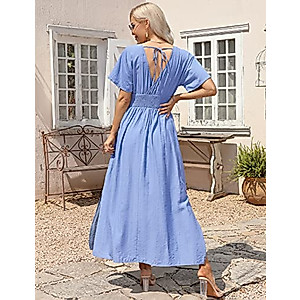KOJOOIN Womens V Neck Short Sleeve Solid Long Dresses Smocked High Waist Slit Maxi Dress Blue M