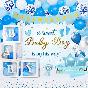 Baby Shower Decorations for Boy, Blue Baby Party Decor Kit with Balloons Boxes, Blue Balloon Garland Backdrop Banner and Tablecloth and Baby Shower Sash, Baby Boy Shower Decorations