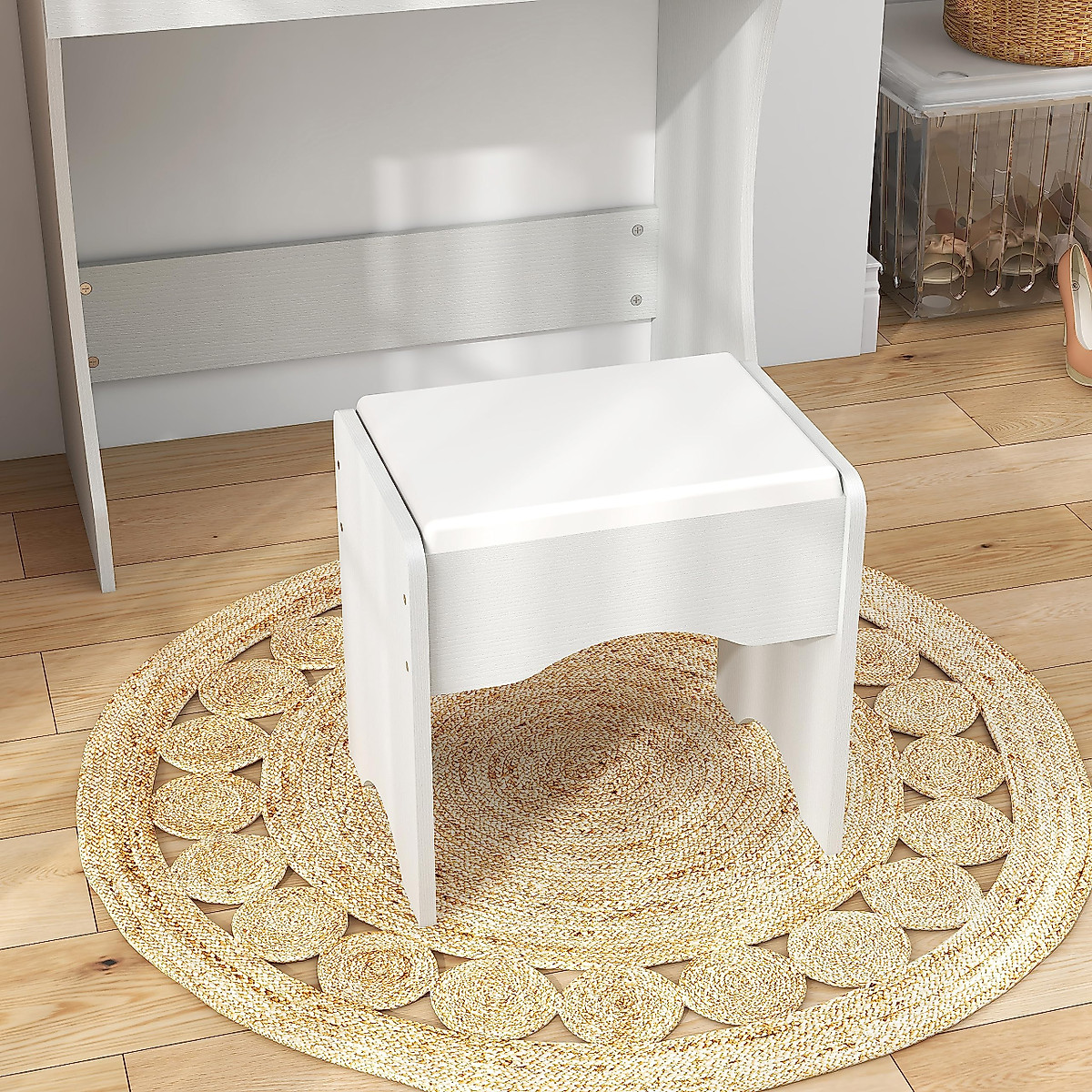 Vanity Desk with Mirror and Adjustable Lights, One Drawer Storage Makeup Table with Stool - Vanity Set for Bedroom (White)