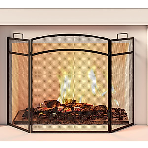 Calidola 3 Panel Fireplace Screen 48" W x 29" H Modern Foldable with Wrought Metal Decorative Mesh,Arch Heavy Duty Fire Spark Guard Cover for Home Decor Indoor, Black
