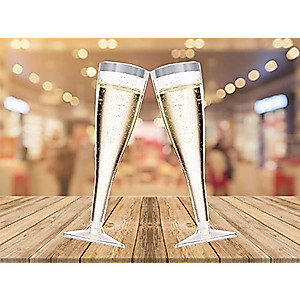 BloominGoods 50 Plastic Silver Glitter Champagne Flutes | 7 oz. Clear Hard Disposable Party & Wedding Glass | Premium Heavy Duty Fancy Cup (50-Pack)
