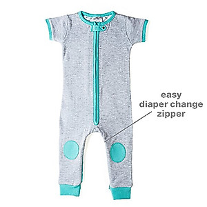 baby deedee Short Sleeve Cotton 1 Piece Footless Romper Pajama, 18-24 Months, Heather Gray/Teal