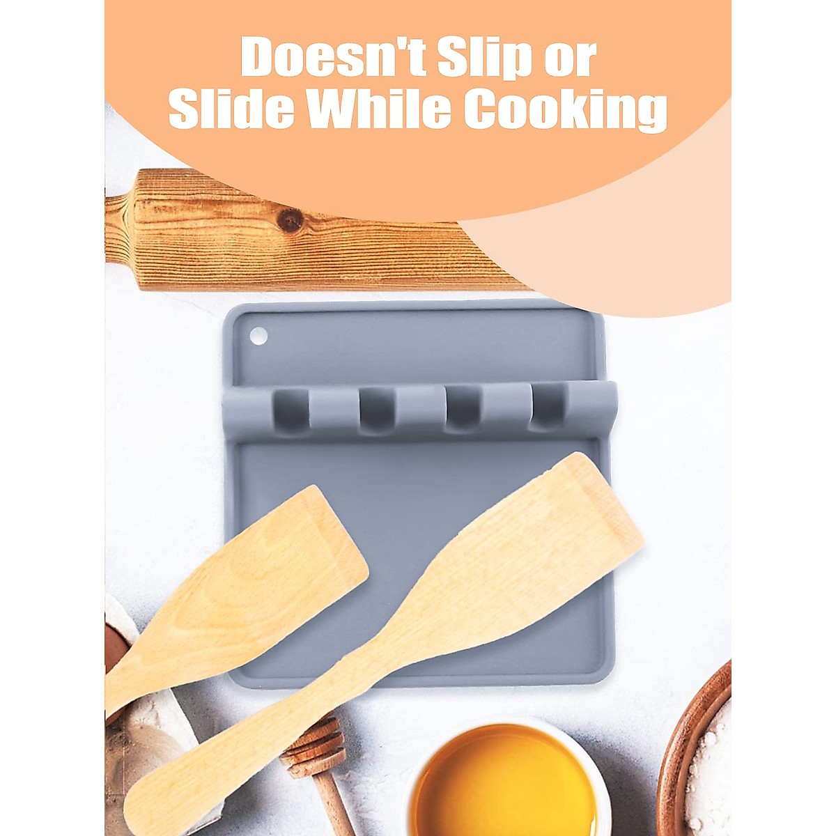 Silicone Spoon Rest with Drip Pad for Stove Top(2PCS), Large Utensil Rest for Multiple Utensils, Heat-Resistant & Dishwasher Safe Kitchen Utensil Holder for Spatula, Ladle, Kitchen Gadgets (Grey)