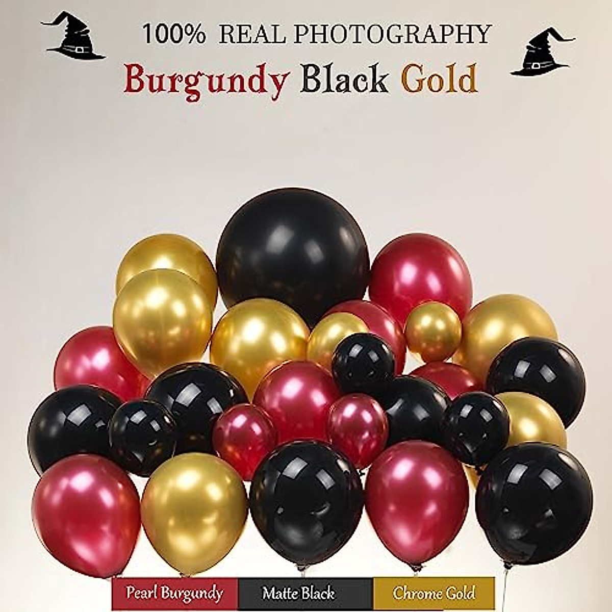 Magic Wizard School Balloon Garland Kit 132pcs Burgundy Black Gold With BONUS Diy Wizard Hat for Magic theme Birthday Decorations Magic Theme Baby Shower