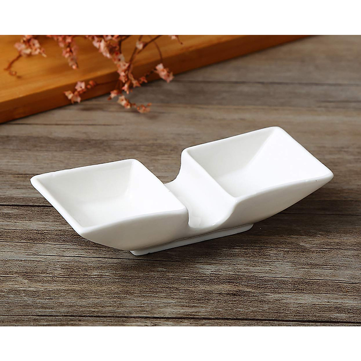 MULHUE 4 PCS Ceramic boat shape Chopsticks Rest with tow Compartments Sauce Dish, Japanese Fine Porcelain Chopsticks Spoon Fork Rest Holder Knife Holder