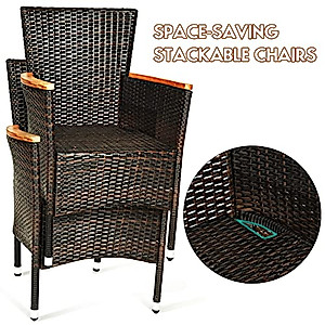 ALIDAM Patio Set Furniture Set 9PCS Rattan Dining Set 8 Stackable Chairs Cushioned Acacia Wood Table Top Is Good For Outdoor Relaxation And Dining Party For Family And Friends Outdoor Garden Furniture