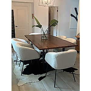 DUOMAY Modern Faux Fur White Barrel Dining Chair, Upholstered Accent Side Chair Makeup Vanity Chair with Back Living Room Leisure Chair with Black Metal Legs for Bedroom Dining Room