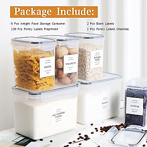 XOTAISM 6 Pcs Airtight Flour and Sugar Containers with 132 Kitchen Pantry Labels Preprinted - Stackable Plastic Cereal Storage Canisters with Lids