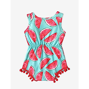 PATPAT Baby Girl Floral Romper Sleeveless Pompom Tassel Bodysuit Infant Jumpsuit Outfit Set with Headband 0-18 Months Watermelon 3-6 Months