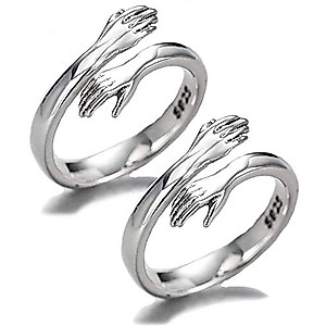 Enthana 2 PCS Couple Hugging Rings, Adjustable 925 Sterling Silver Hug Rings for Couple Women Men Jewelry (silver)
