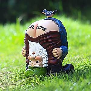 HOSNNER Halloween Decoration Garden Gnome Statue - Resin Funny Garden Bird Welcome Figurines for Outdoor Patio, Lawn, Yard Art Decoration Winter Christmas Garden Gifts Blue
