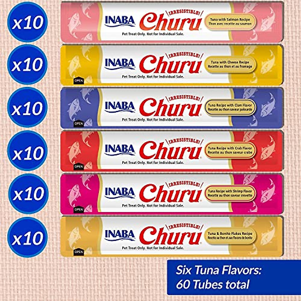 INABA Churu Cat Treats, Grain-Free, Lickable, Squeezable Creamy Purée Cat Treat/Topper, 60 Servings, Tuna Variety Box