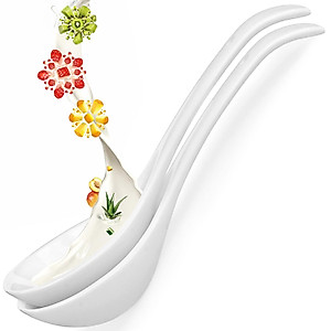 Artena Soup Ladle Set Of 2, 10.5 Inch White Ceramic Ladle Spoon, Ladles For Serving, Big Soup Spoons, Asian Soup Spoons, Chinese Soup Spoons, Long Handle Spoon, Deep Oval Hook Design, Dishwasher Safe