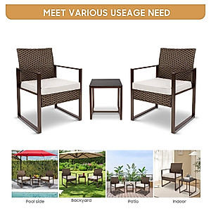 YIYAN Patio Furniture Set 3 Pieces Outdoor Rattan Chair Wicker Sofa Garden Conversation Bistro Sets with Coffee Table,Comfortable Washable Cushions (White)