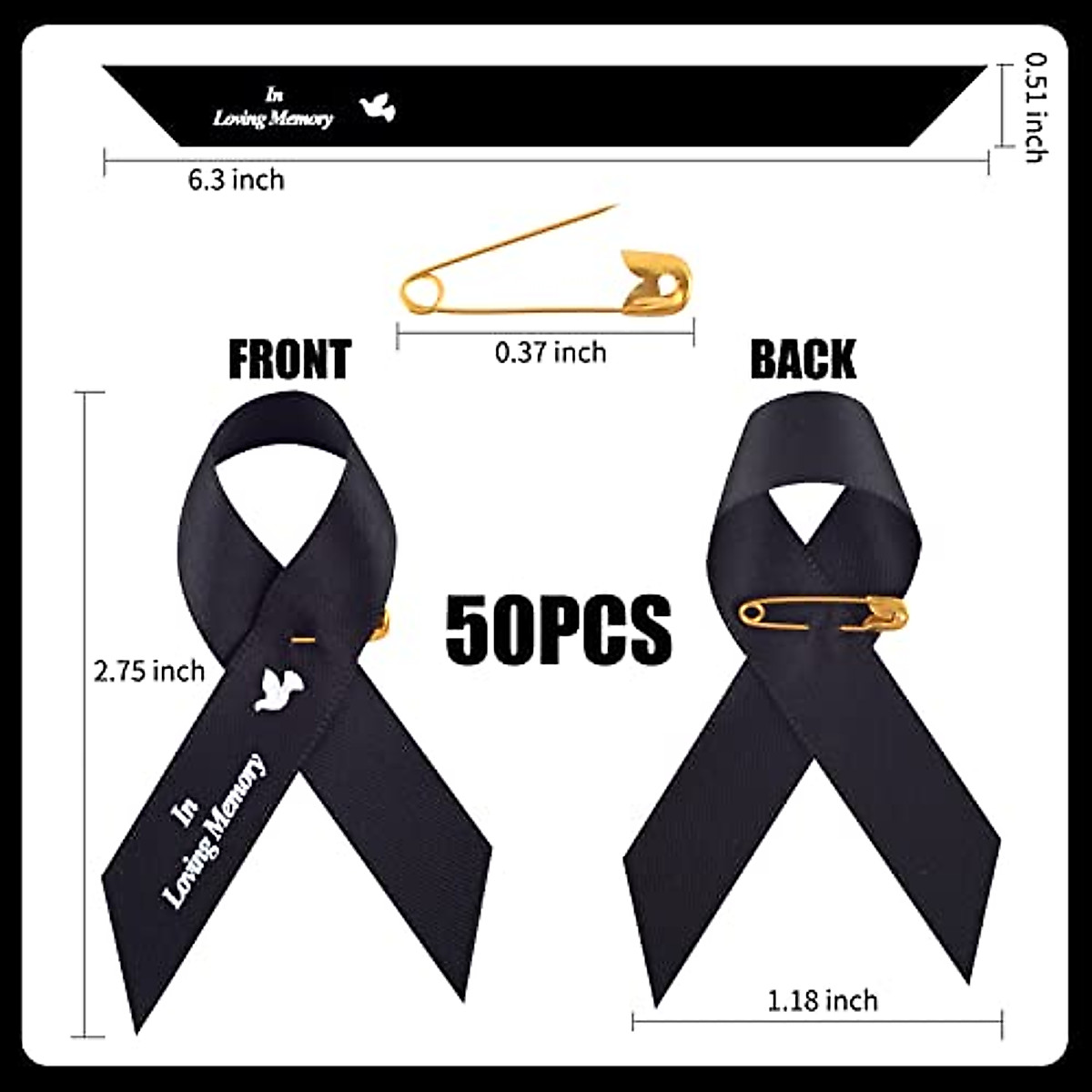 50 Pieces Funeral Ribbons Black Memorial Ribbons Pins Awareness Ribbons in Loving Memory Funeral Gift Respect Meditation Mourning Ribbons for Funeral Mourning Remembrance Day